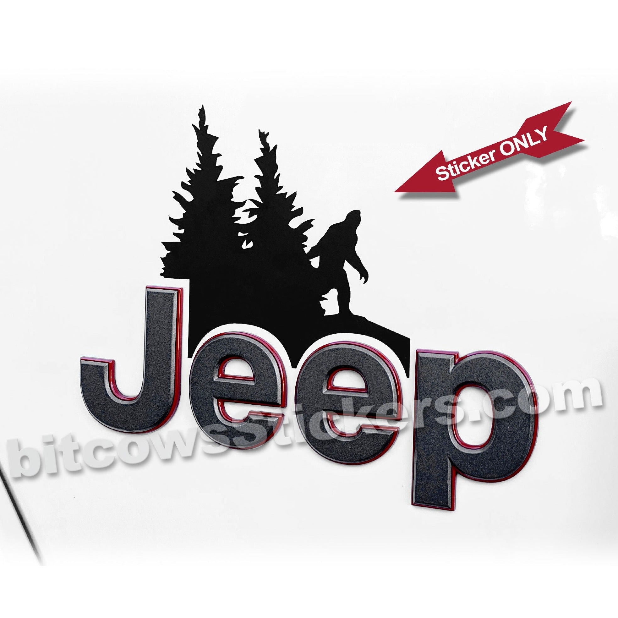 Bigfoot/Sasquatch Trees Vinyl Decal over logo Jeep JL – bitcowsstickers
